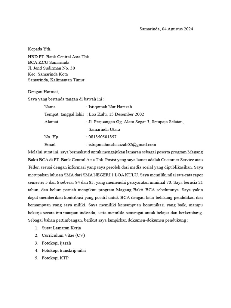 Surat Lamaran Magang Bca Isti | PDF