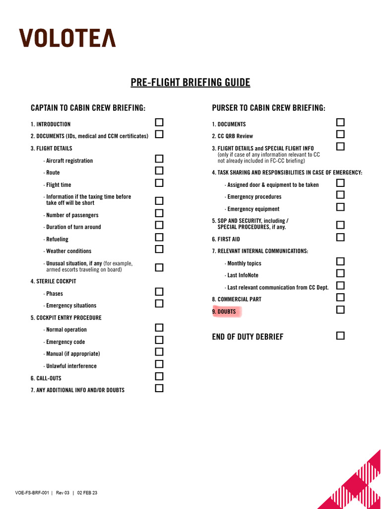 Pre-Flight Briefing Checklist | PDF | Flight Attendant | Aviation Safety