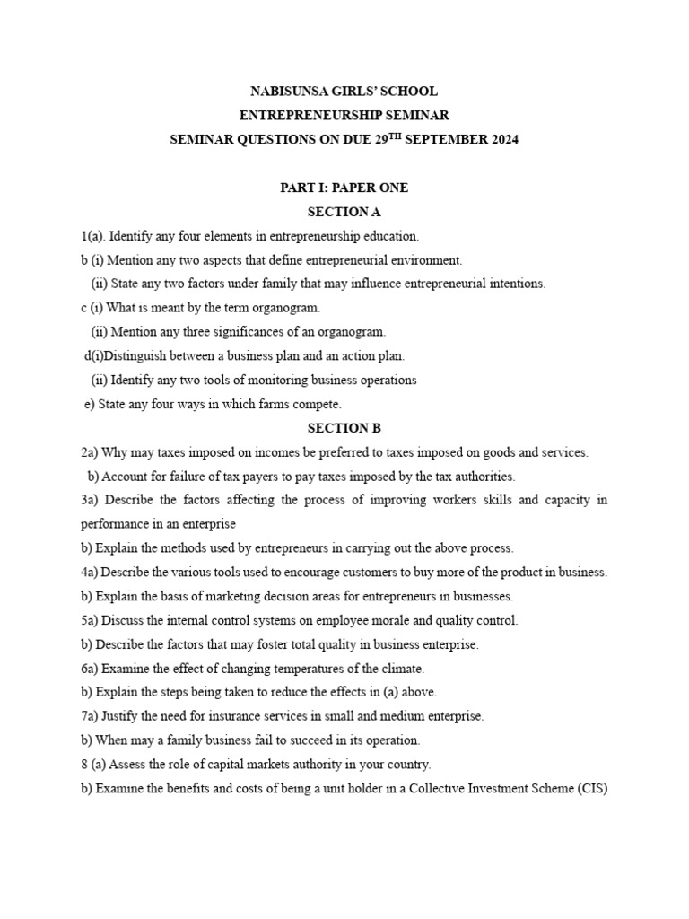 Ent - Seminar Questions 2024 | PDF | Entrepreneurship | Taxes