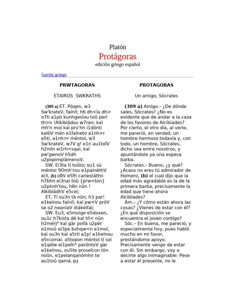 Protágoras, Versión Griego-Español | PDF | Platón | Los antiguos griegos