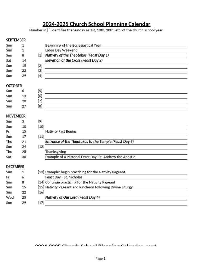 2024-2025 Church School Calendar | PDF | Lent | Observances
