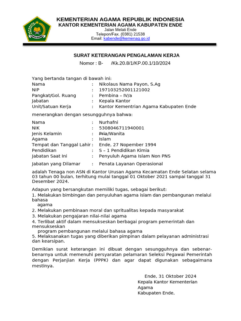 Surat Keterangan Pengalaman Kerja PPPK Kemenag 2024 Fix Hafni | PDF | Ilmu Sosial