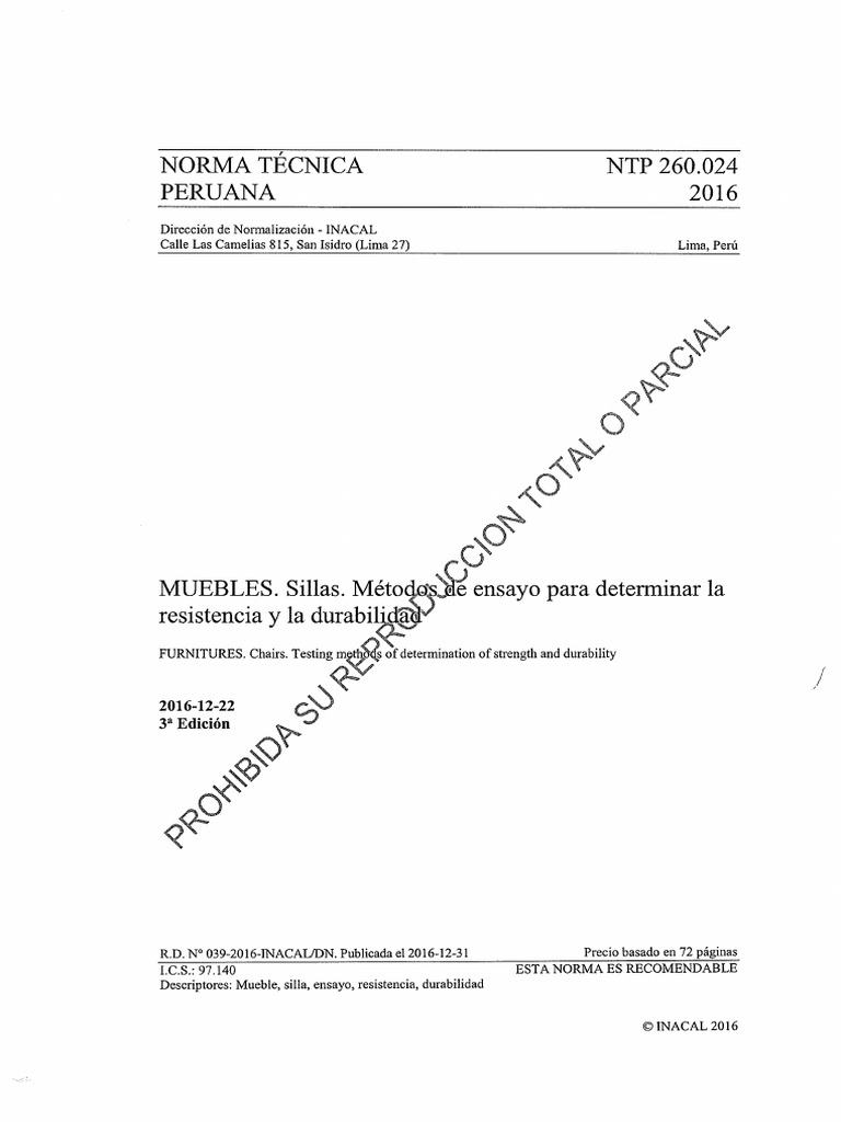 NTP 260.024 2016 MUEBLES. Sillas. Métodos de Ensayo para Determinar La Resistencia y La ...
