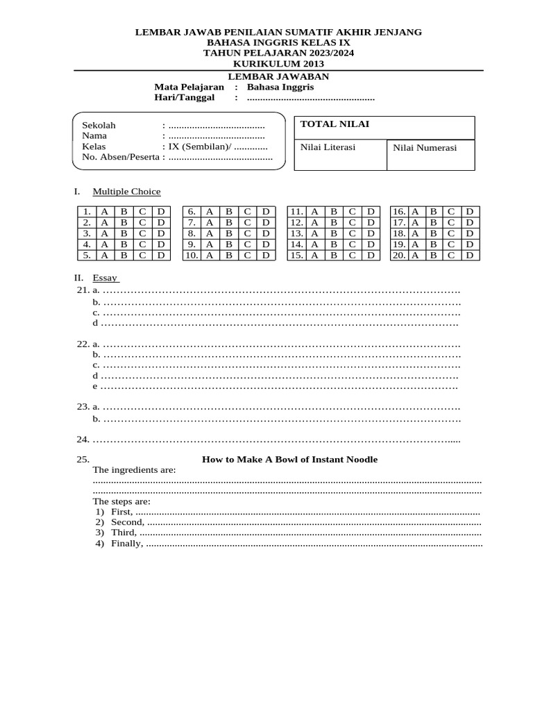 Lembar Jawab Psaj Bahasa Inggris 9-Utama-2024 | PDF | Art | Technology & Engineering