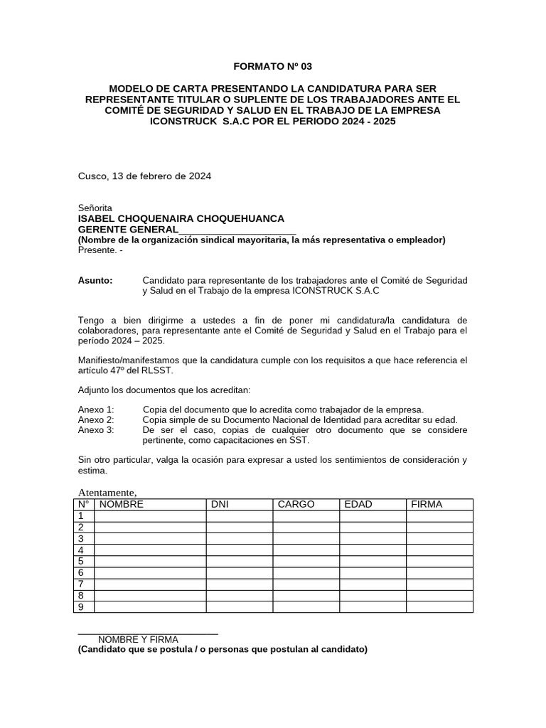 3.-Carta Presentacion Candidatura | PDF