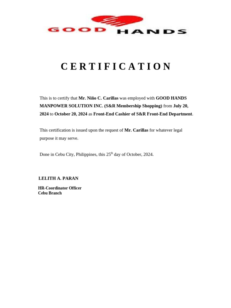 Certification: This Is To Certify That Was Employed With From To As ...