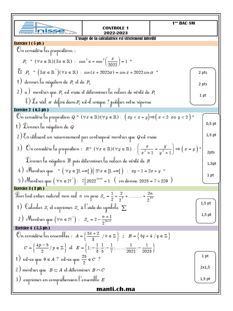 Contrôle de Mathématiques 1ère BAC SM | PDF | Mathématiques | Concepts ...