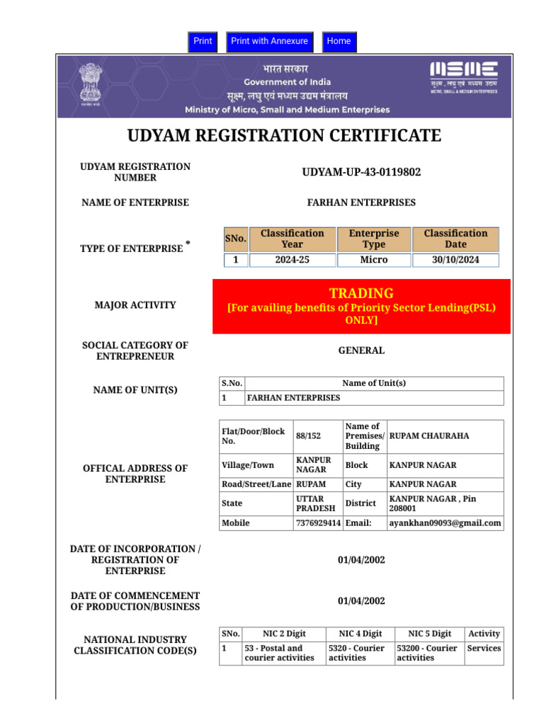 Print - Udyam Registration Certificate | PDF