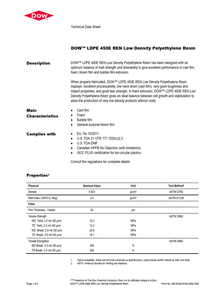400 00440181en Dow Ldpe 450e Ren Low Density Polyethylene Resin | PDF ...