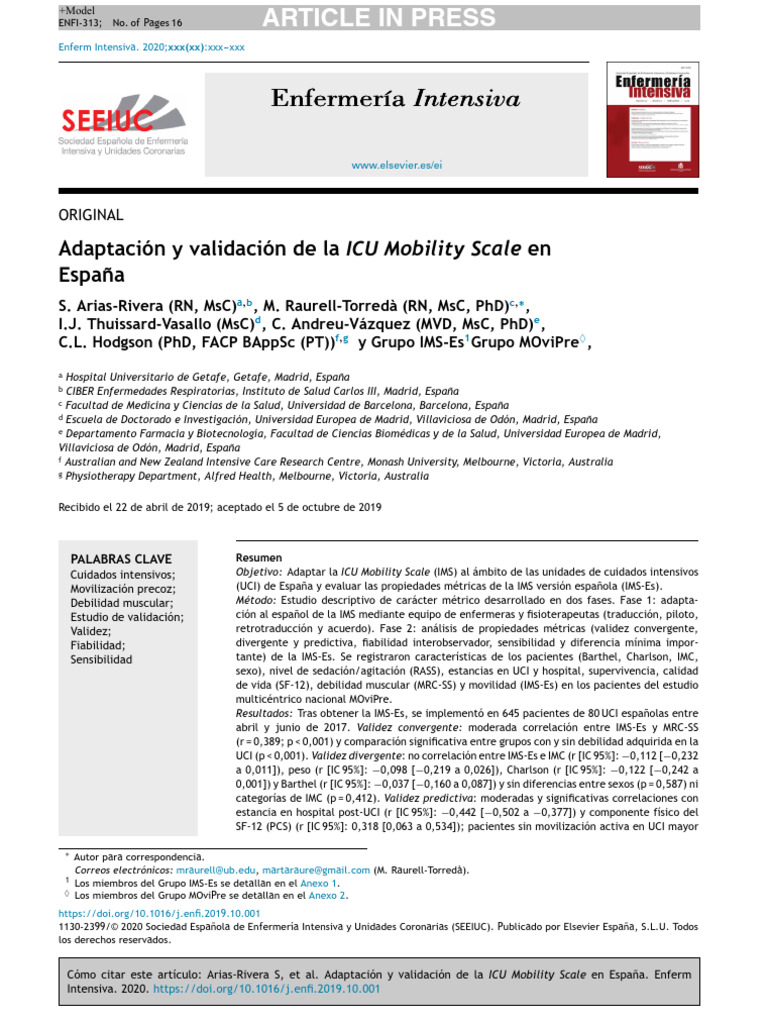 Validación de la ICU Mobility Scale en España | PDF | Unidad de ...