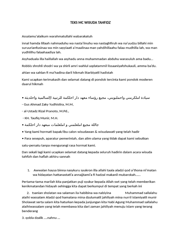 Teks MC Wisuda Tahfidz 2023 | PDF