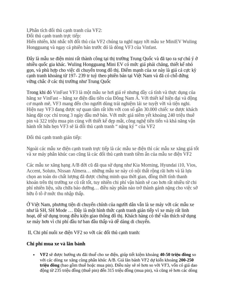 Chi phí mua xe và lăn bánh: VF2 40-50 triệu đồng 200-250 triệu đồng | PDF