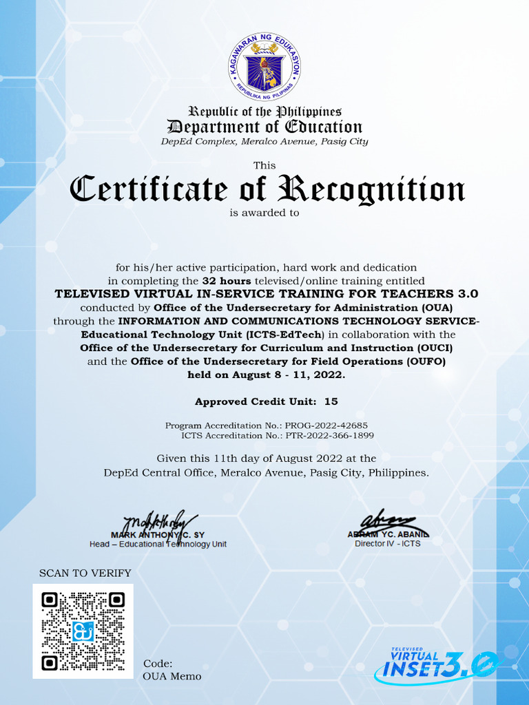 Virtual - Inset - 3.0 - Certificate - of - Recognition - Armando B. Kasilag | PDF