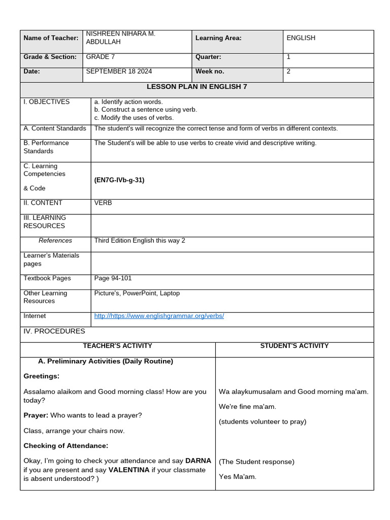 NISHREEN Lesson Plan | PDF | English Language | Word