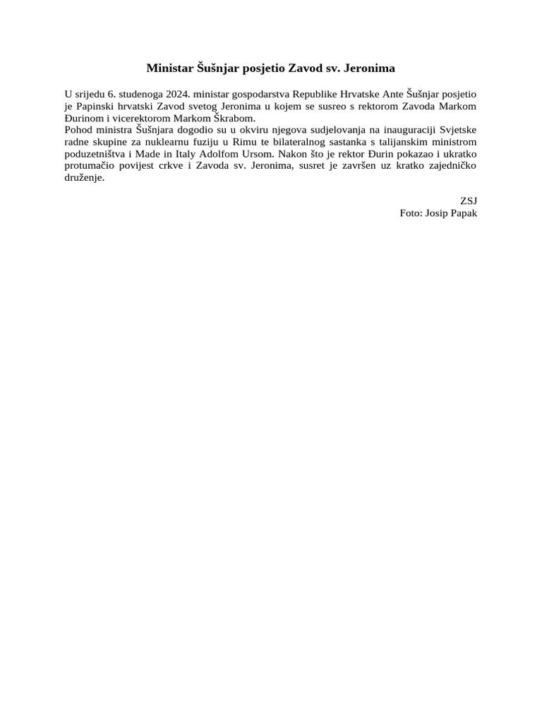 Ministar Susnjar U Zavodu Sv. Jeronima 06 11 2024 | PDF