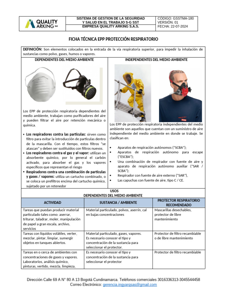 Ficha Tecnica EPP Proteccion Respiratoria | PDF | Sistema respiratorio