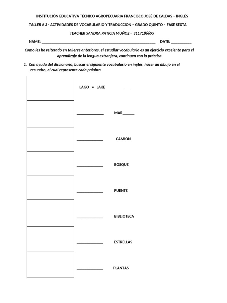 Taller de Vocabulario en Inglés - Quinto Grado | PDF | Estudios de ...