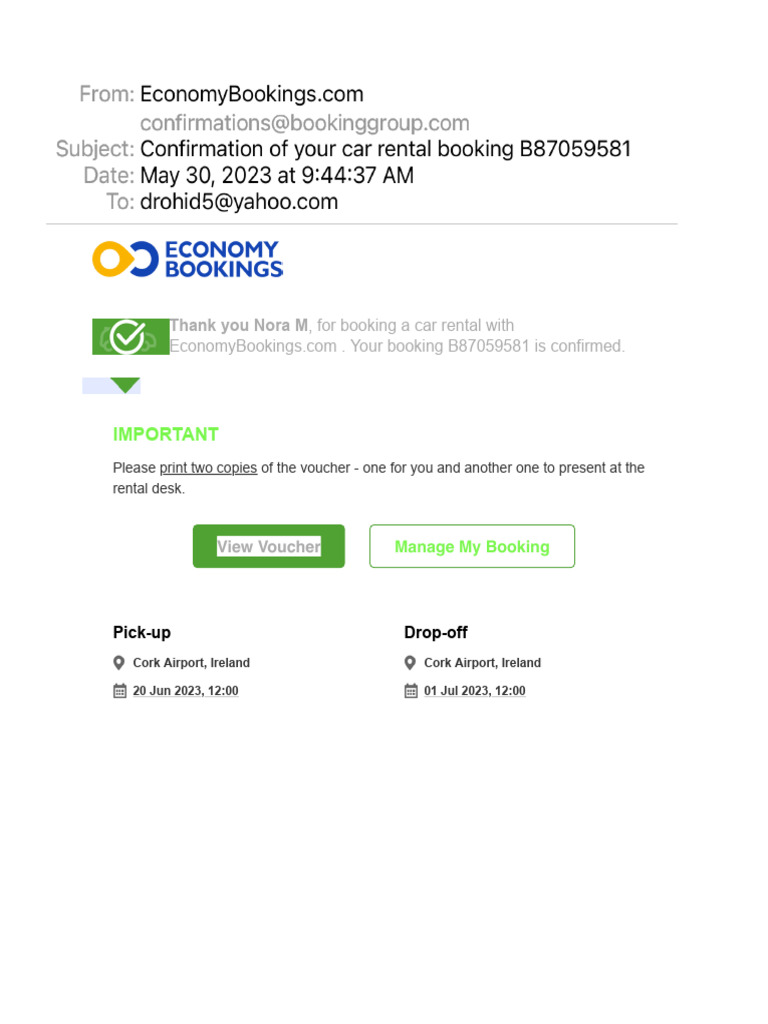 Confirmation of Your Car Rental Booking B87059581 2 | PDF | Fee