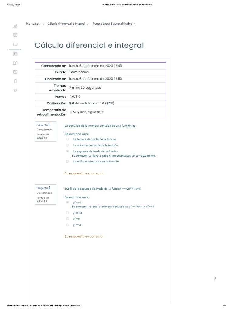 Puntos Extra 3 Autocalificable - Calculo Diferencial e Integrales | PDF | Derivado | Integral
