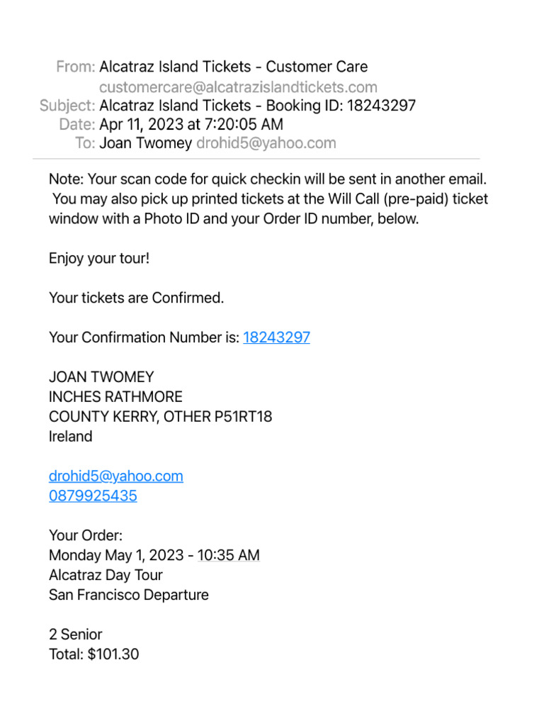 Alcatraz Island Tickets - Booking ID 18243297 | PDF
