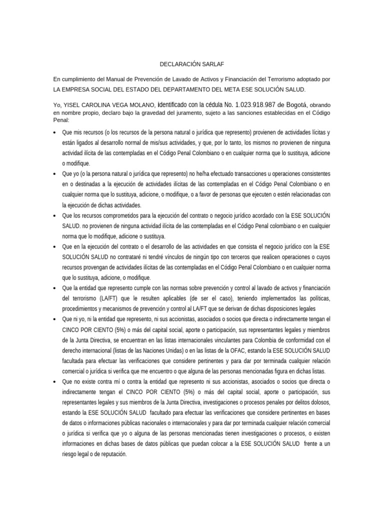 Declaración SARLAF ESE Meta | PDF | Lavado de dinero | Justicia