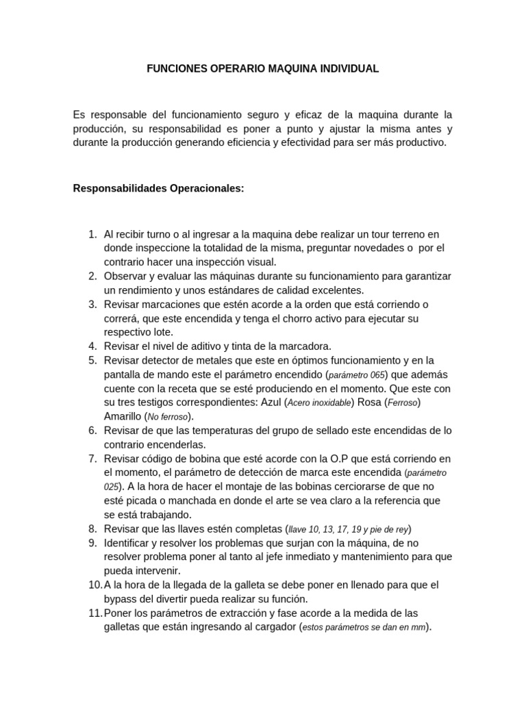 Funciones Operario Maquina Individual | PDF | Hogar, jardinería y ...