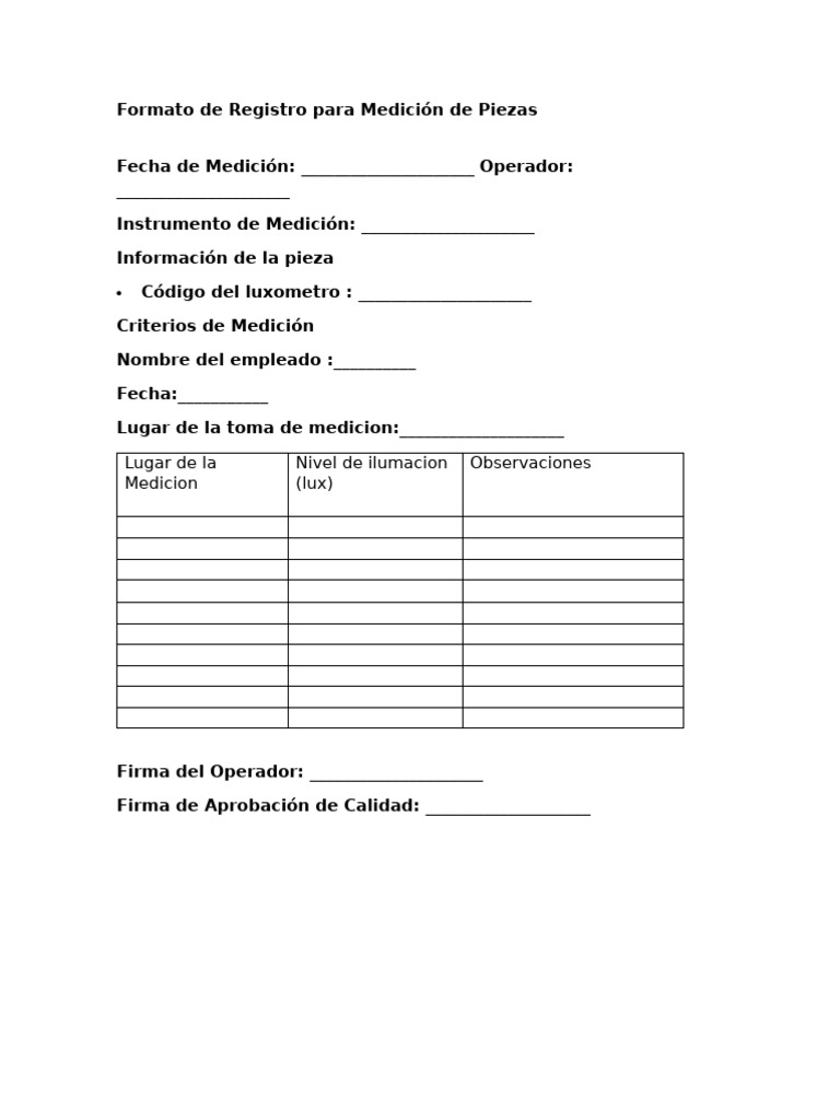 Formato de Registro para Medición de Piezas | PDF