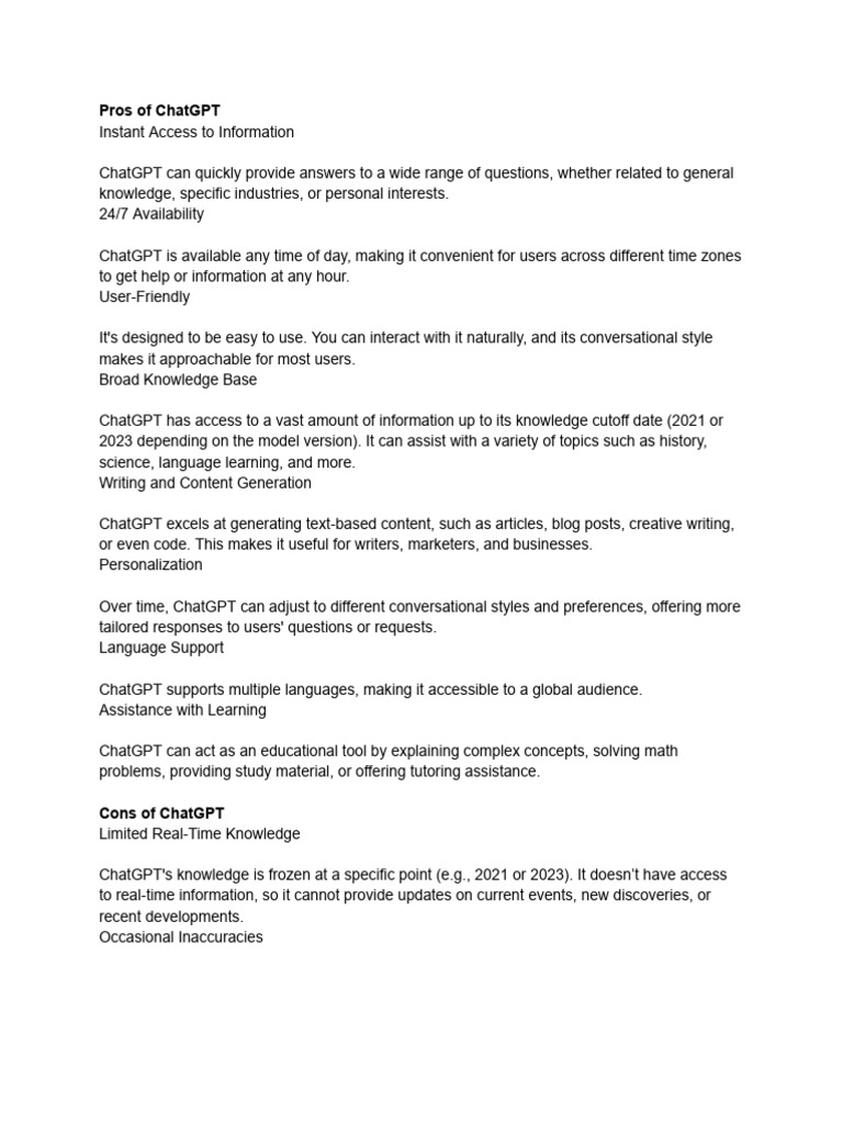 Pros and Cons of ChatGPT | PDF | Knowledge | Information
