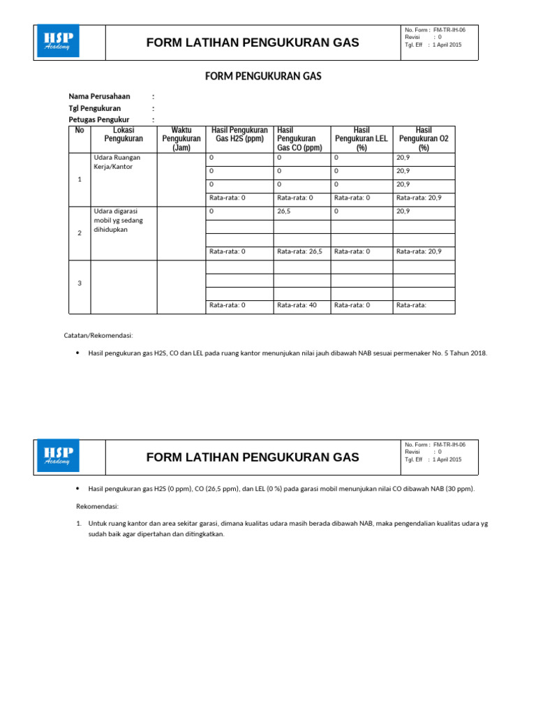 Form Pengukuran Gas dan Rekomendasi | PDF