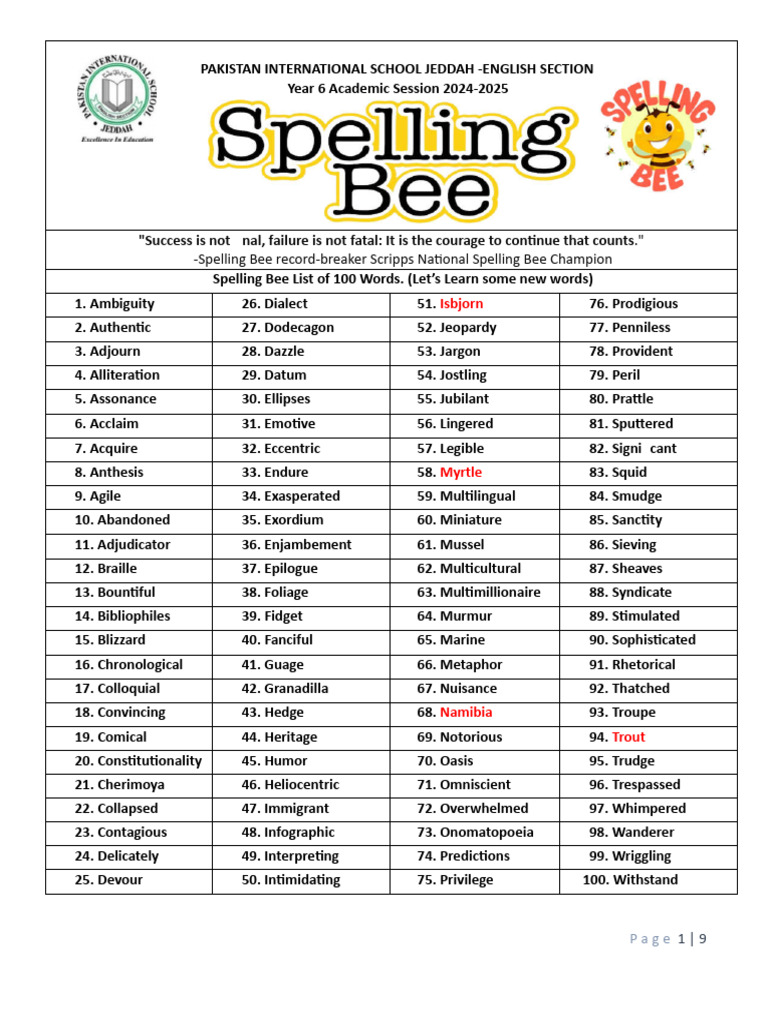 Year 6 Spelling Bee Word List | PDF | Humour