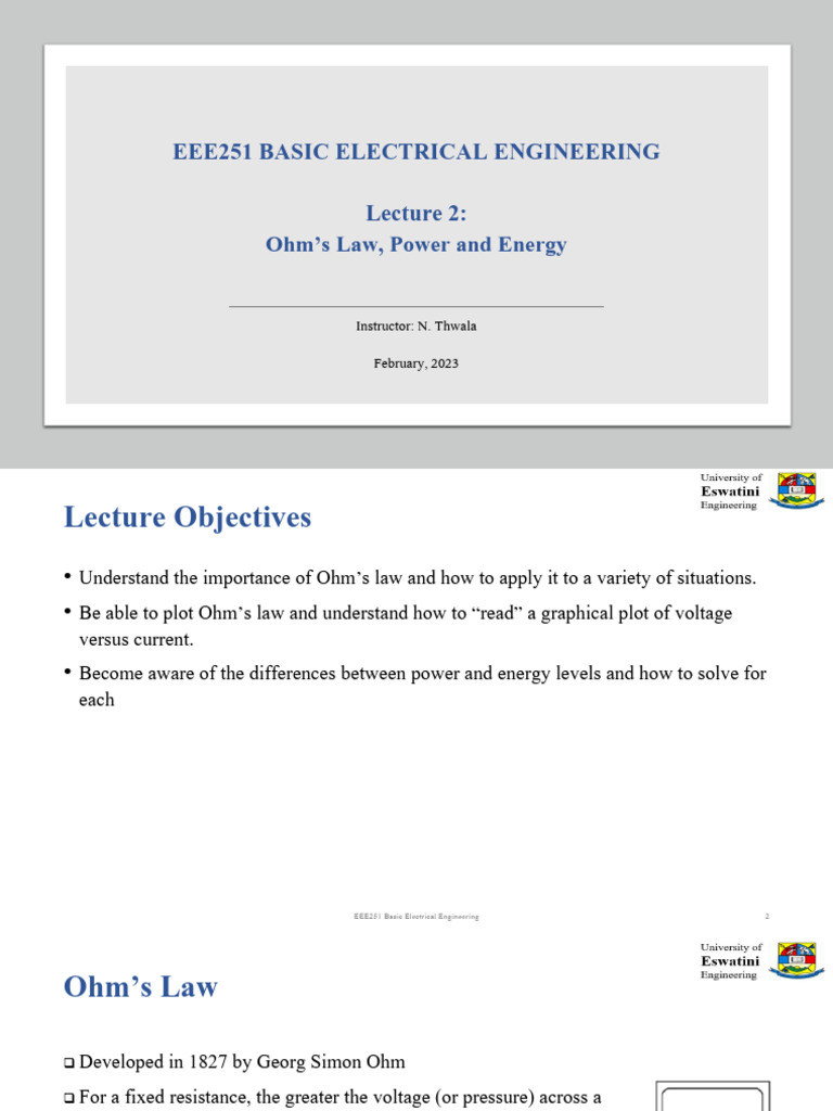 Ohm's Law, Power and Energy | PDF | Electrical Resistance And Conductance | Power (Physics)