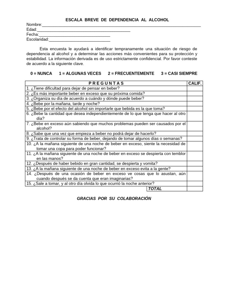 12 Escala Breve de Dependencia Al Alcohol | PDF | Alcoholismo ...