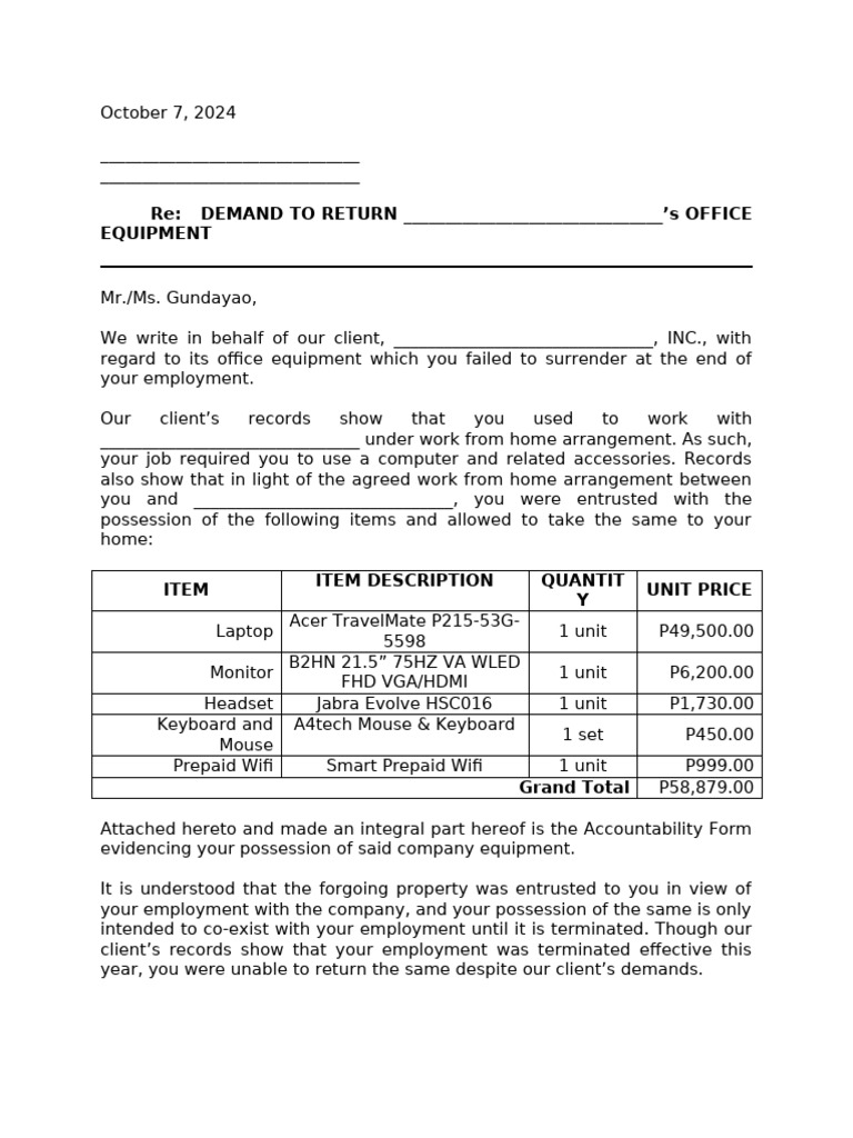 Demand for Return of Company Equipment | PDF | Computing | Personal ...
