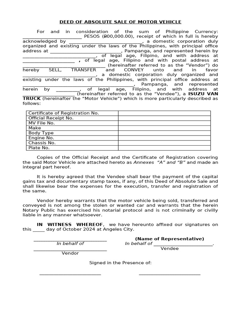 DEED OF ABSOLUTE SALE OF MOTOR VEHICLE - Isuzu Van Truck 2 | PDF | Vehicles
