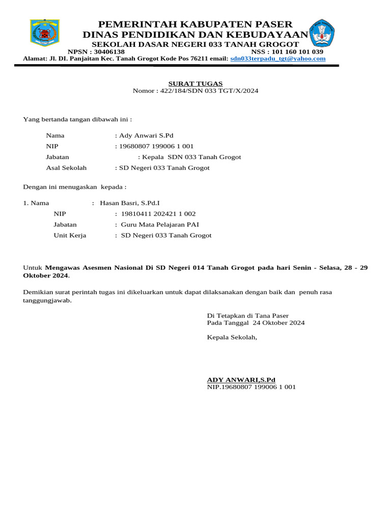 Surat Tugas Pengawas ANBK 2024 | PDF