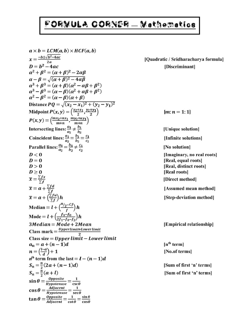 Formulae Sheet - Mathematics | PDF
