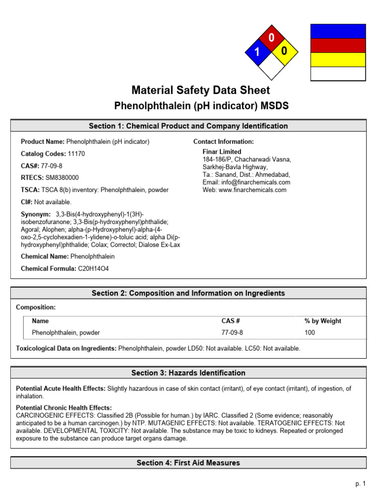 Phenolphthalein MSDS Overview | PDF | Toxicity | Water
