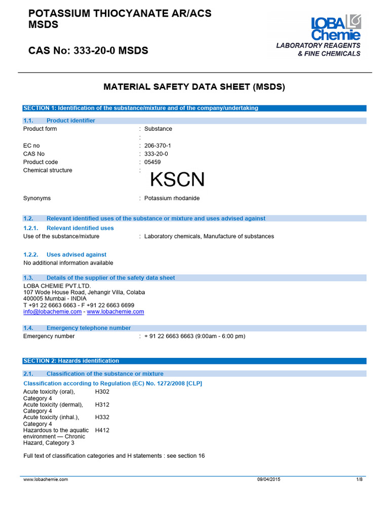 Potassium Thiocyanate MSDS | PDF | Dangerous Goods | Toxicity