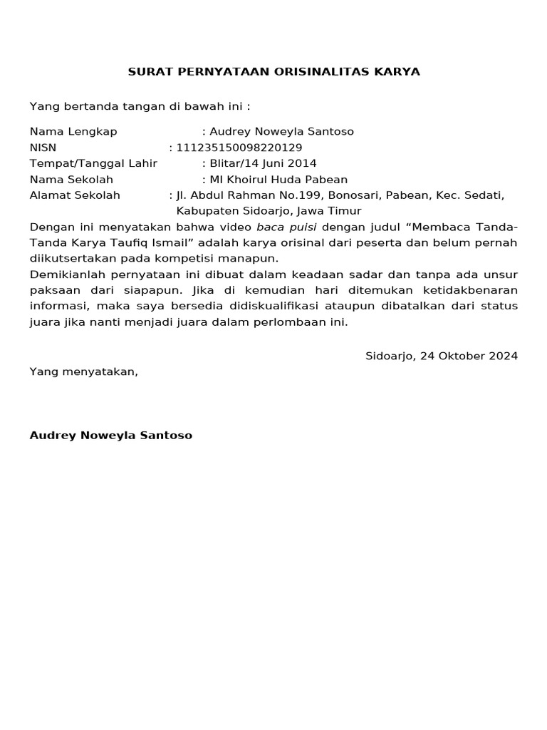 Surat Pernyataan Orisinalitas Karya Audrey | PDF