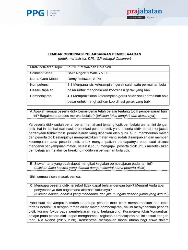 Lampiran 5. Format Lembar Observasi Pelaksanaan Pembelajaran Untuk Observer | PDF