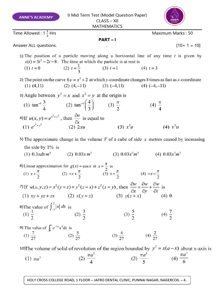 Class XII Mathematics Mid Term Test | PDF