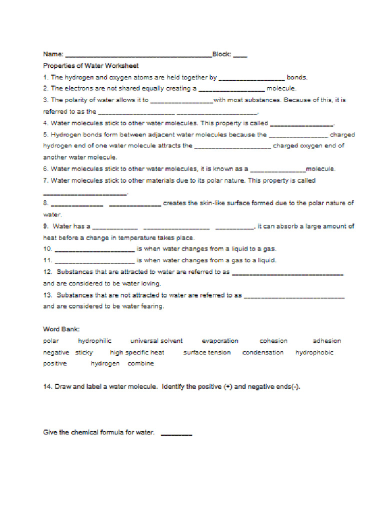 Worksheet Properties of Water | PDF
