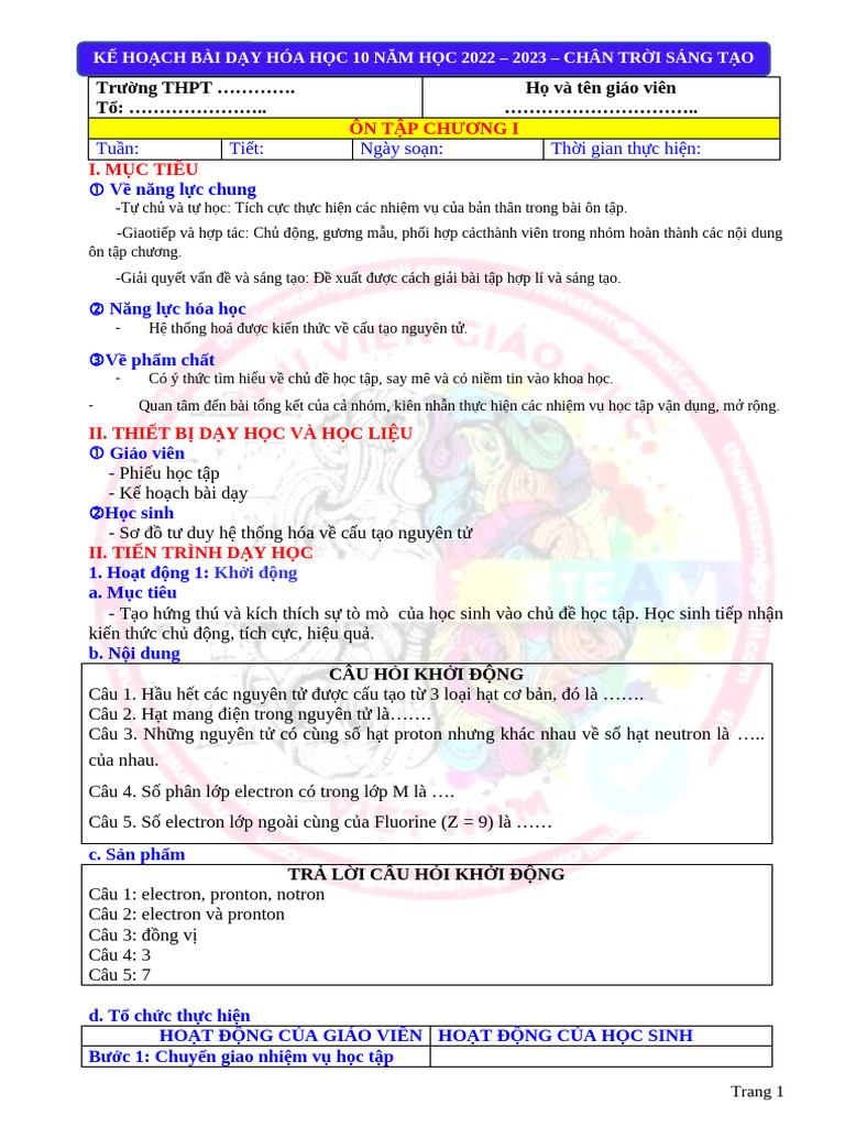 On Tap Chuong I Hoa 10 CTST | PDF