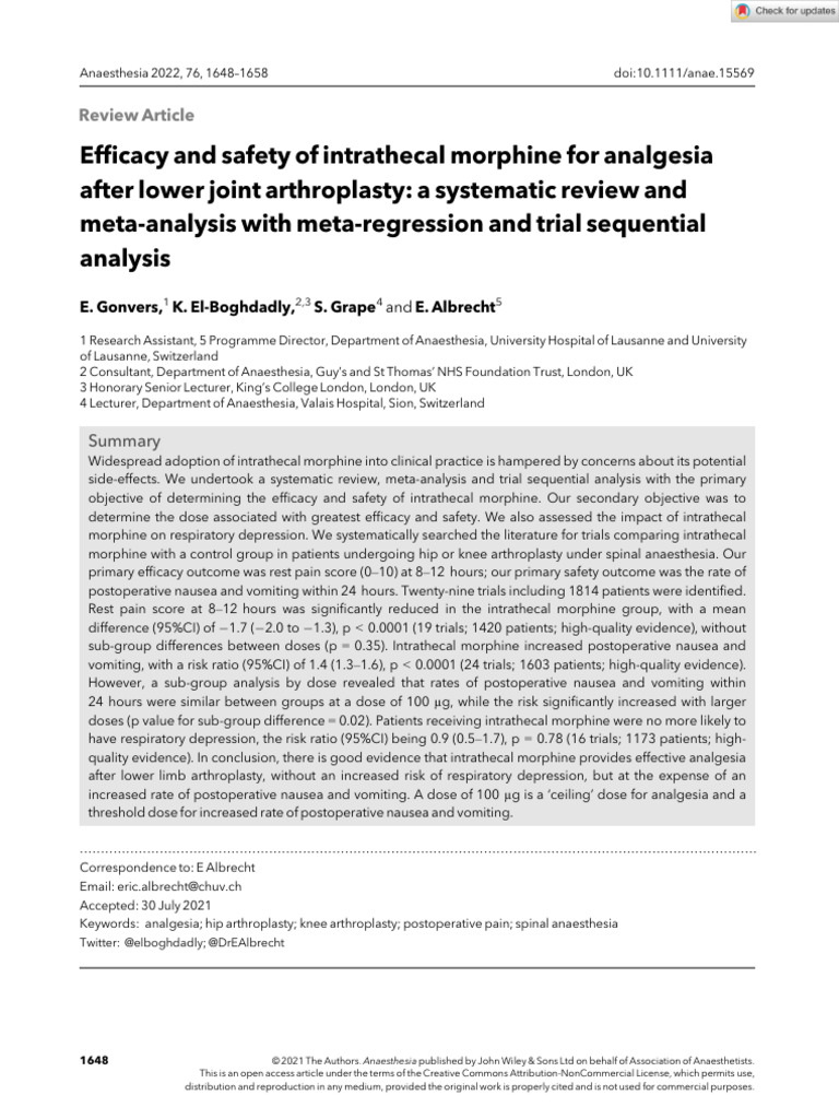 Anaesthesia - 2021 - Gonvers - Efficacy and Safety of Intrathecal ...