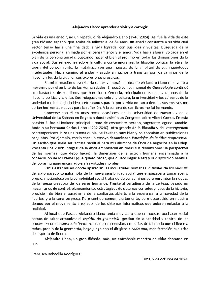 Alejandro Llano, Aprender A Vivir | PDF | Educación en artes liberales