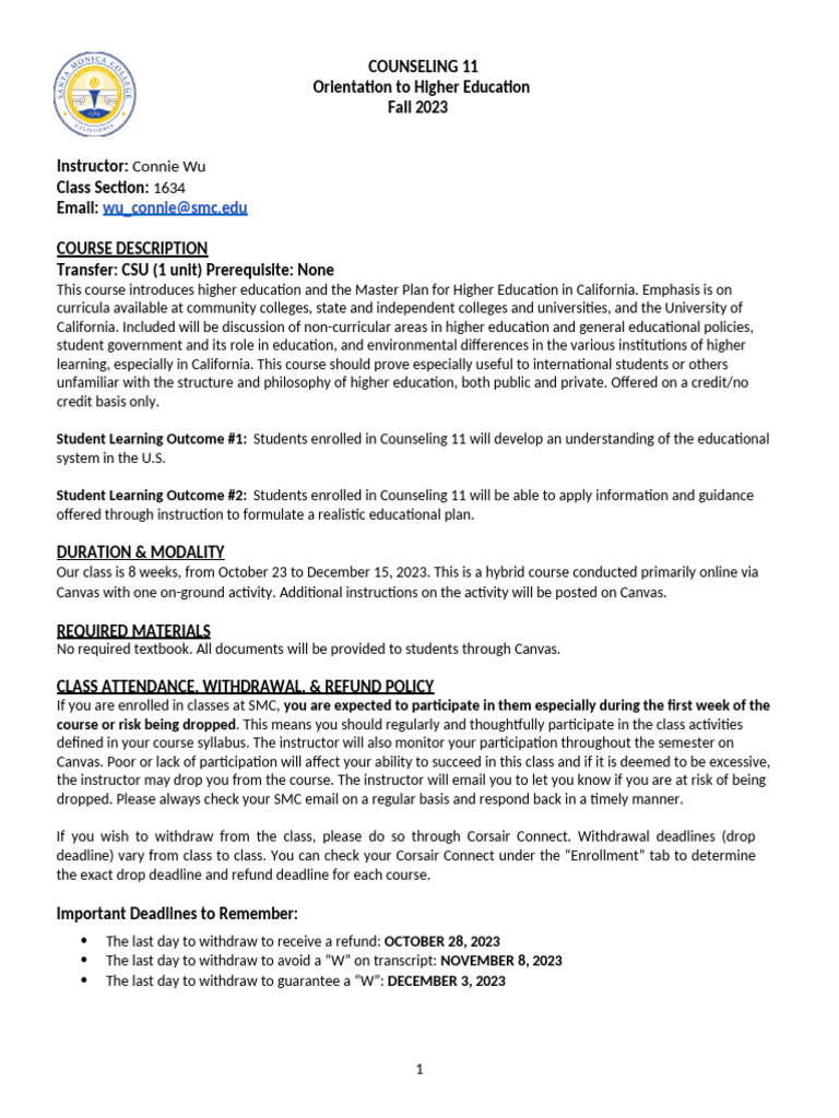 COUNS 11 Fall 2023 Syllabus - Wu | PDF | Academic Dishonesty | Multiple Choice