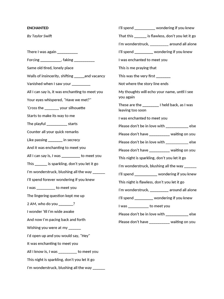 Listening Worksheet - Enchanted by Taylor Swift | PDF