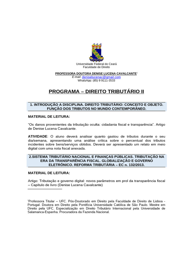 Programa Da Disciplina - 2024 - 2º Semestre | PDF | Impostos | Pagamentos