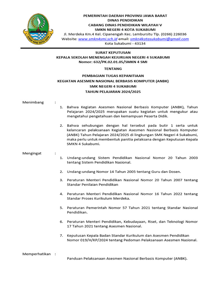 Draft SK TIM Panitia Kegiatan ANBK TA 2024 2025 | PDF