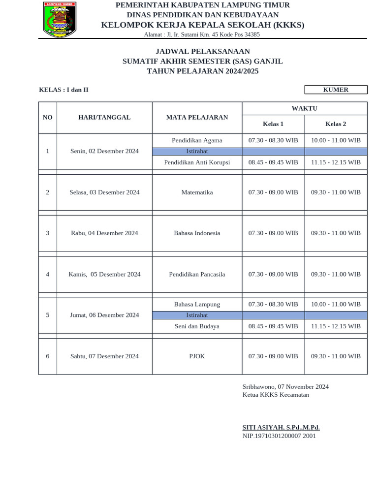 Jadwal SAS Ganjil 2024/2025 Lampung Timur | PDF